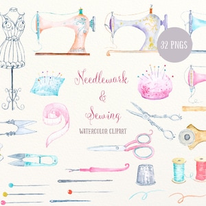 Watercolor Clip Art Needdlework and Sewing, Vintage Sewing Machine ...