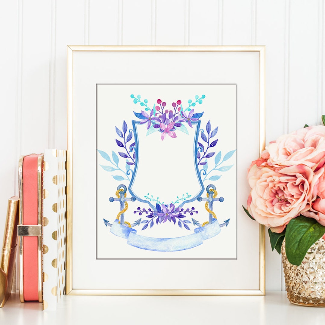 Watercolor Floral Anchor Crest, Family Wedding Crest (instant Download ...