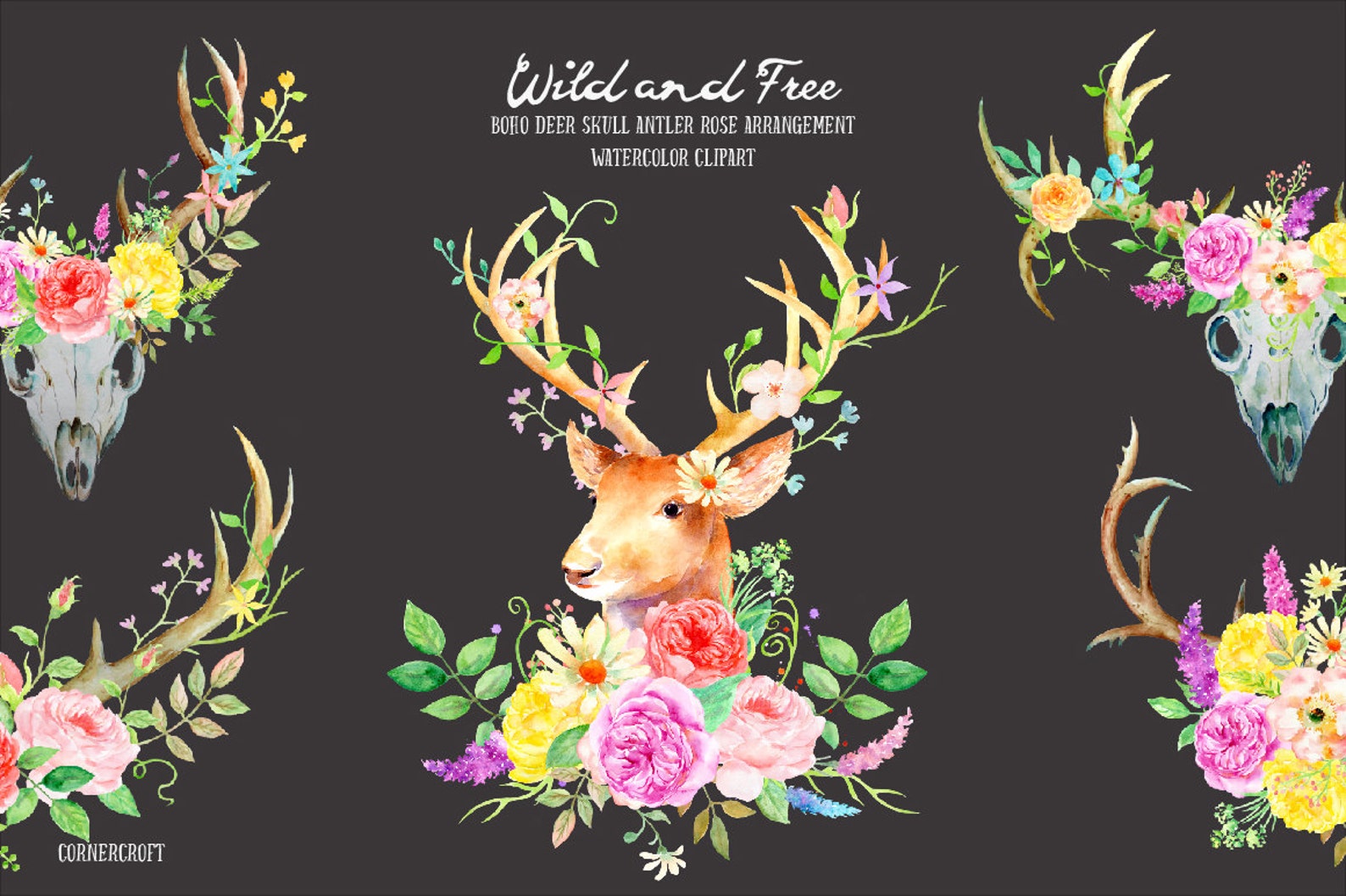 Watercolor Clipart Wild and Free Watercolor Antler and Deer - Etsy UK