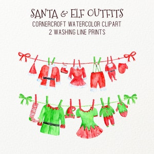 Christmas Clipart Santa Claus and Elf Outfit on Washing Line - Etsy