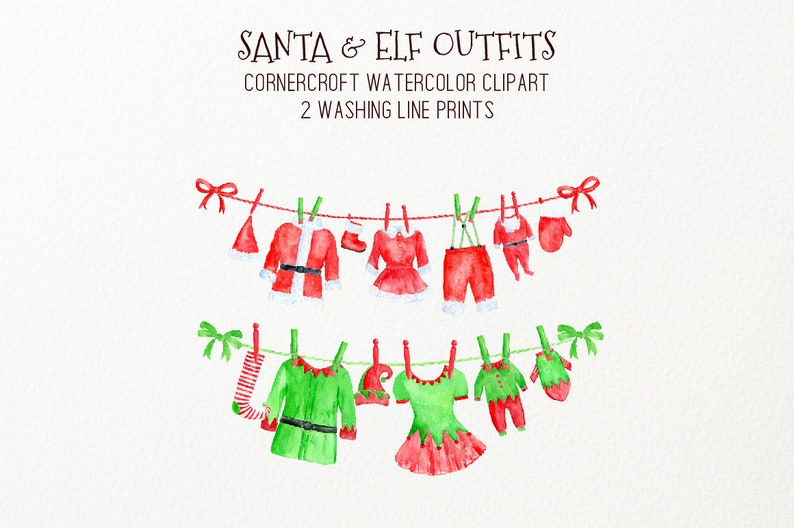 Christmas Clipart Santa Claus and Elf Outfit on Washing Line - Etsy