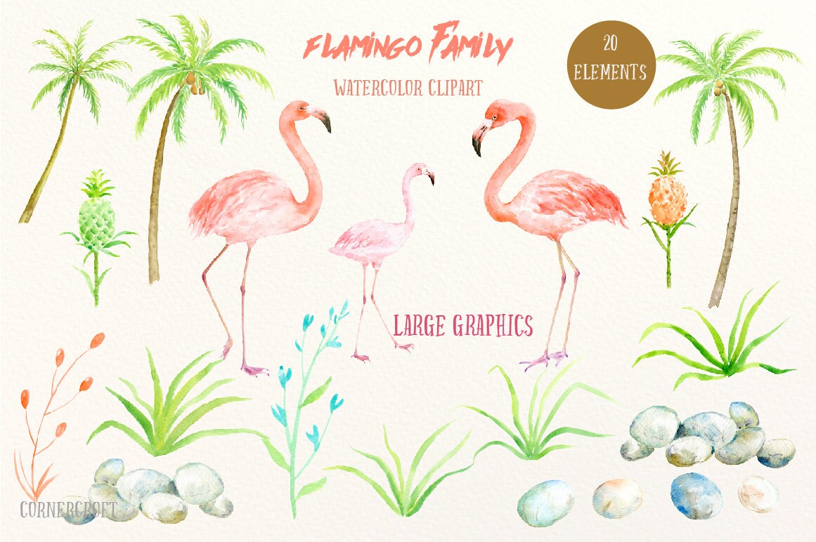 Watercolor Pink Flamingo Family flamingo chick pineapple | Etsy