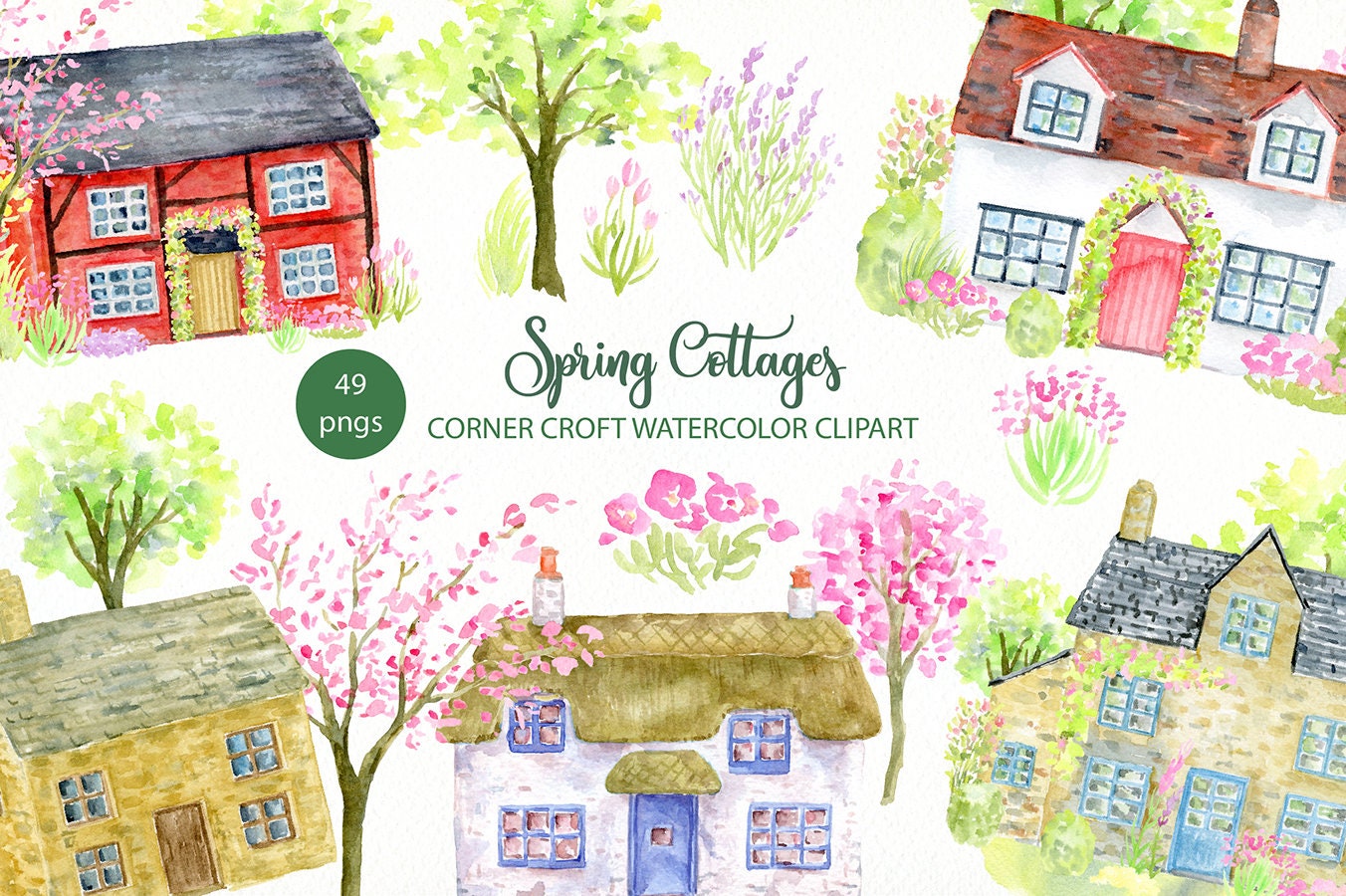 Watercolor Spring Cottage Traditional Cottages Watercolour - Etsy UK