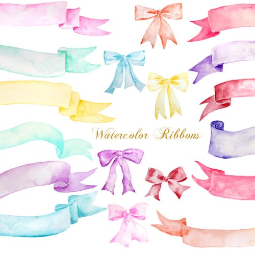 Watercolor Ribbon Banners and Bows Clipart Watercolor Clip - Etsy
