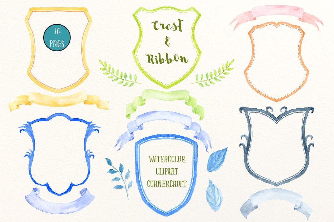 Hand Painted Watercolor Crest Frames and Ribbons for Instant Download ...