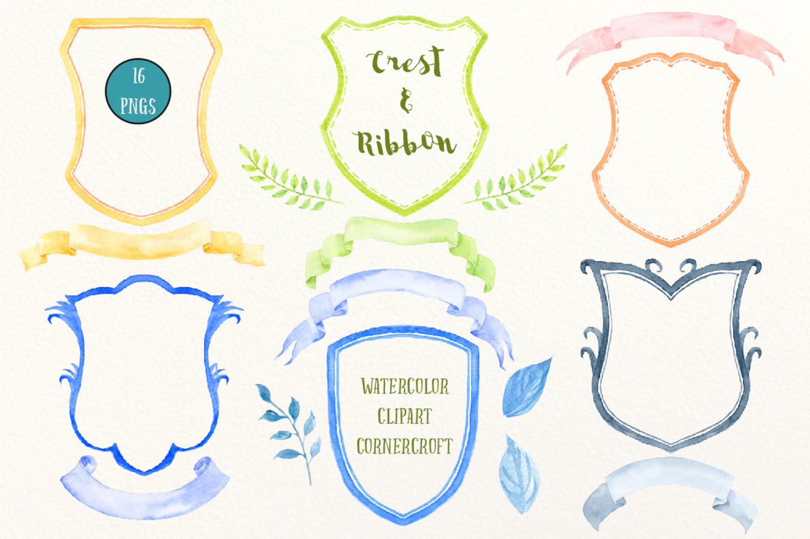 Hand Painted Watercolor Crest Frames and Ribbons for Instant - Etsy