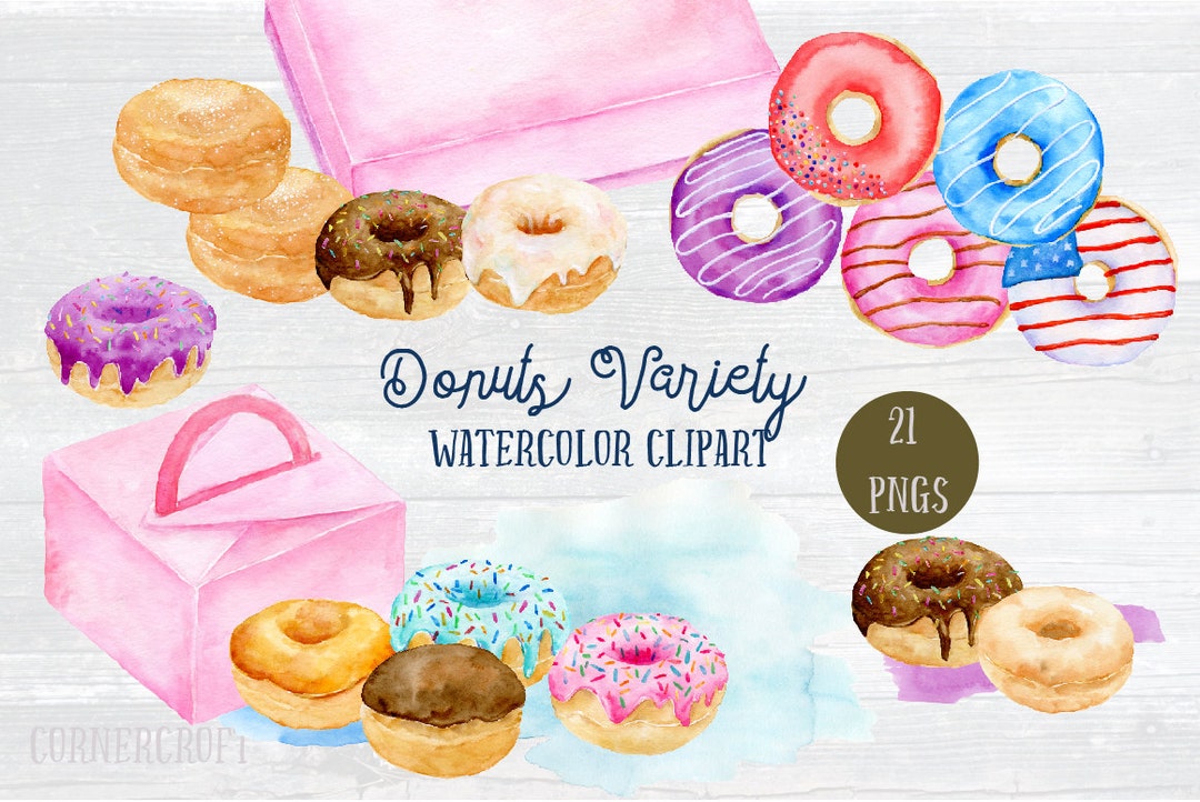 Watercolor Clipart Donut Variety - Pastel Color Donuts, Chocolate ...