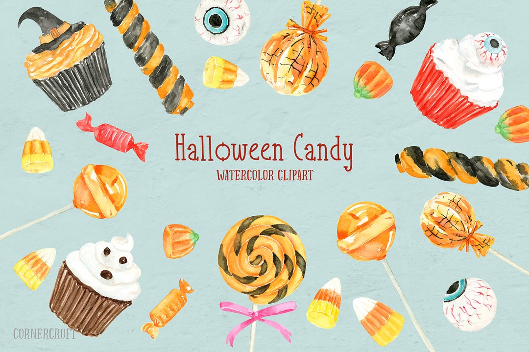 Halloween Candy Watercolor Clipart, Sweets, Lollipops, Cupcake (digital ...