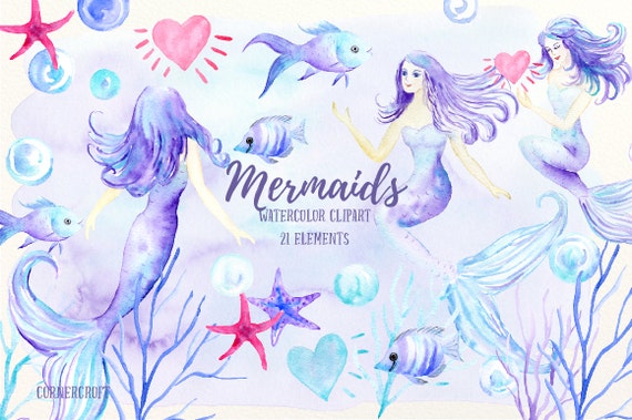 Mermaid clip art watercolor mermaid mermaids fish star | Etsy