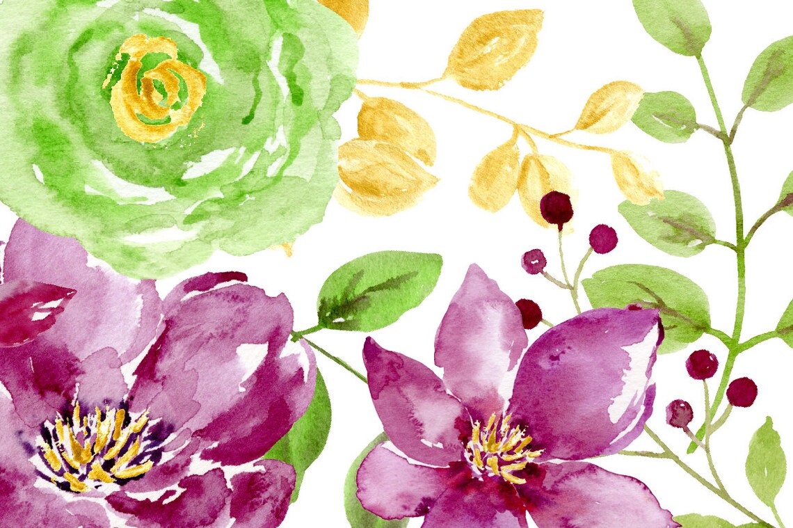 Watercolor Clipart Gold Plummy Plummy Flowers Purple - Etsy