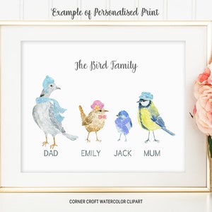 Bird Family Illustration for Making Personalised Prints, Watercolor ...