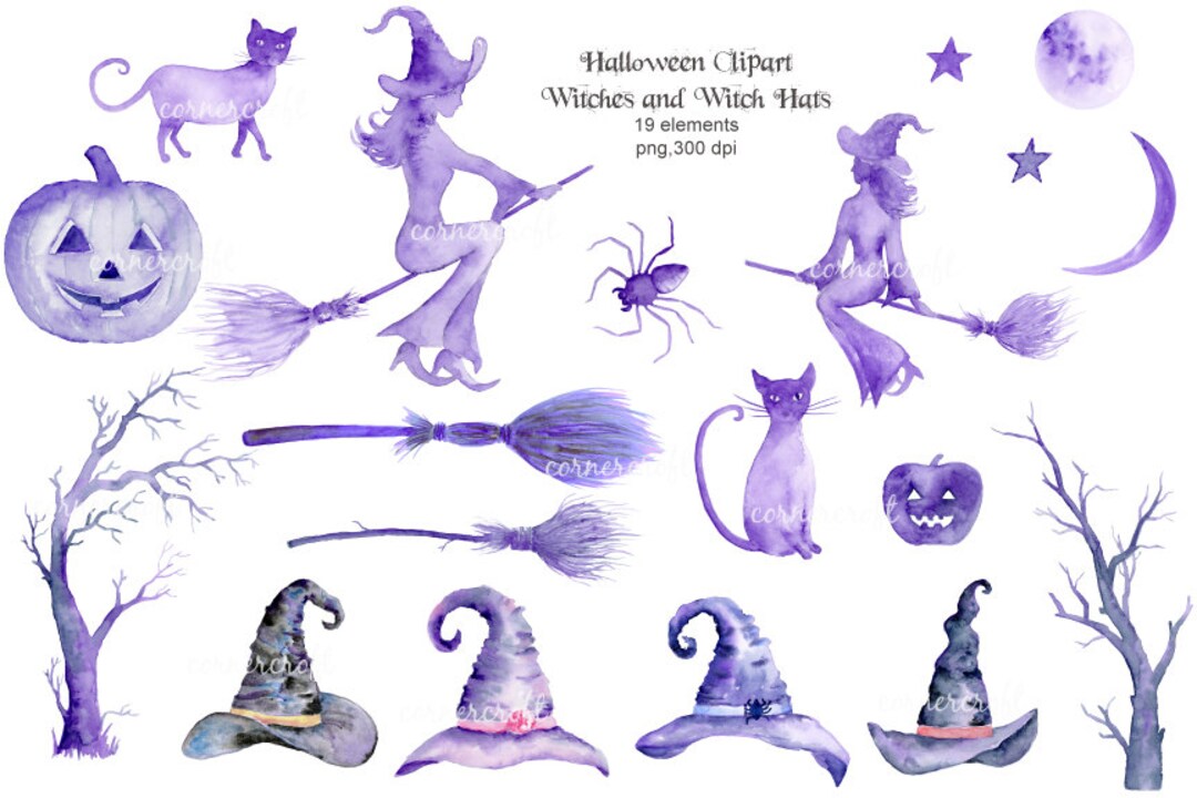 Watercolor Halloween Clipart, Witches, Cats, Pumpkins (digital Download ...