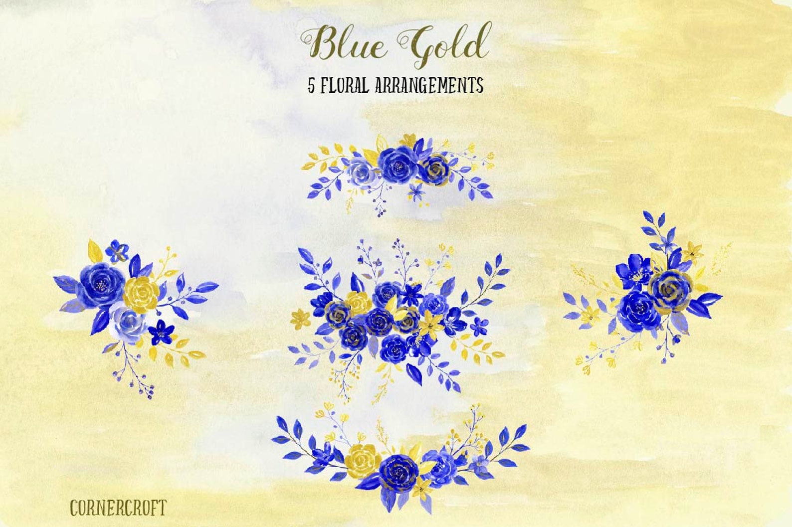 Blue Gold Clipart - Watercolor Clipart Blue and Gold Roses, Floral ...