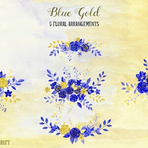 Blue Gold Clipart - Watercolor Clipart Blue and Gold Roses, Floral ...