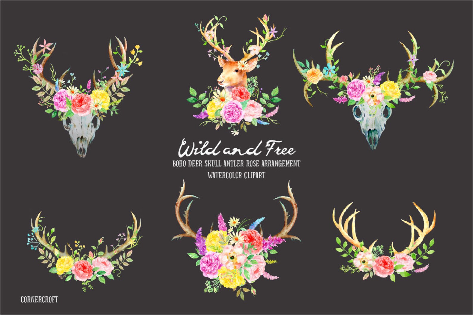 Watercolor Clipart Wild and Free Watercolor Antler and Deer - Etsy UK