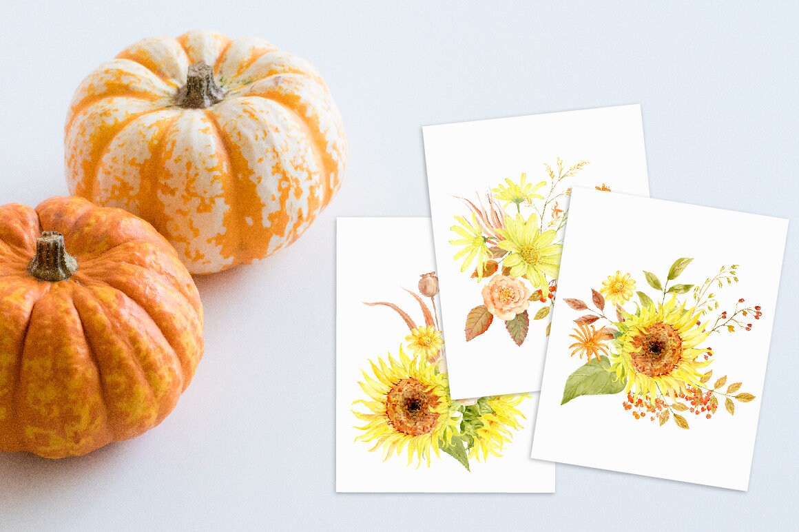 Watercolor Clipart Autumn Florals Fall Flowers Sunflower | Etsy