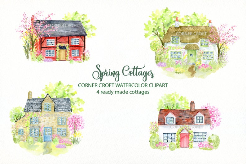 Watercolor Spring Cottage, Traditional Cottages, Watercolour Cottages ...