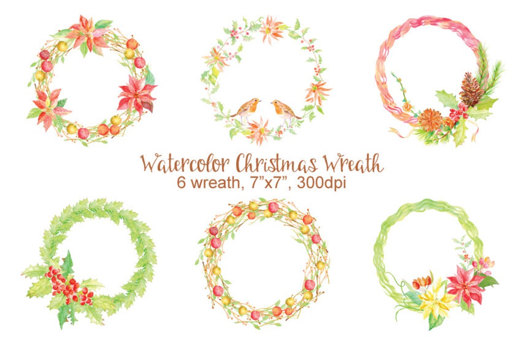Watercolor Christmas Wreaths for Instant Download, Watercolor Clipart ...