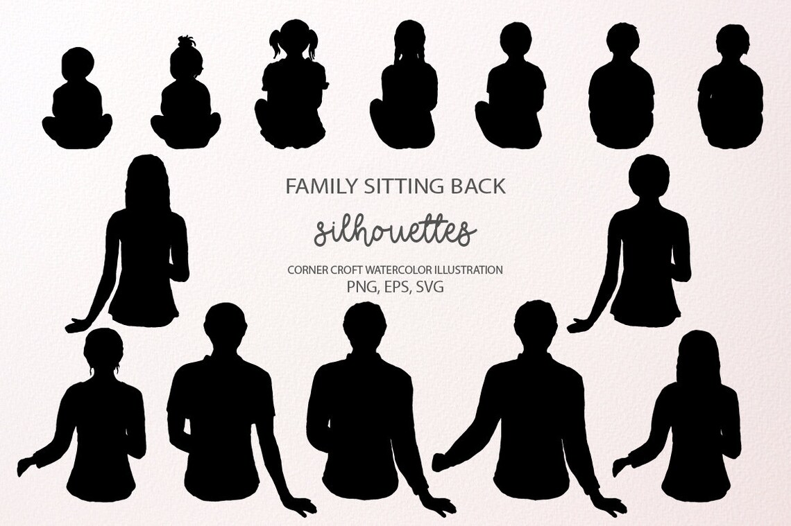 Family Sitting Back Silhouettes Outlines PNG EPS SVG Instant Download ...