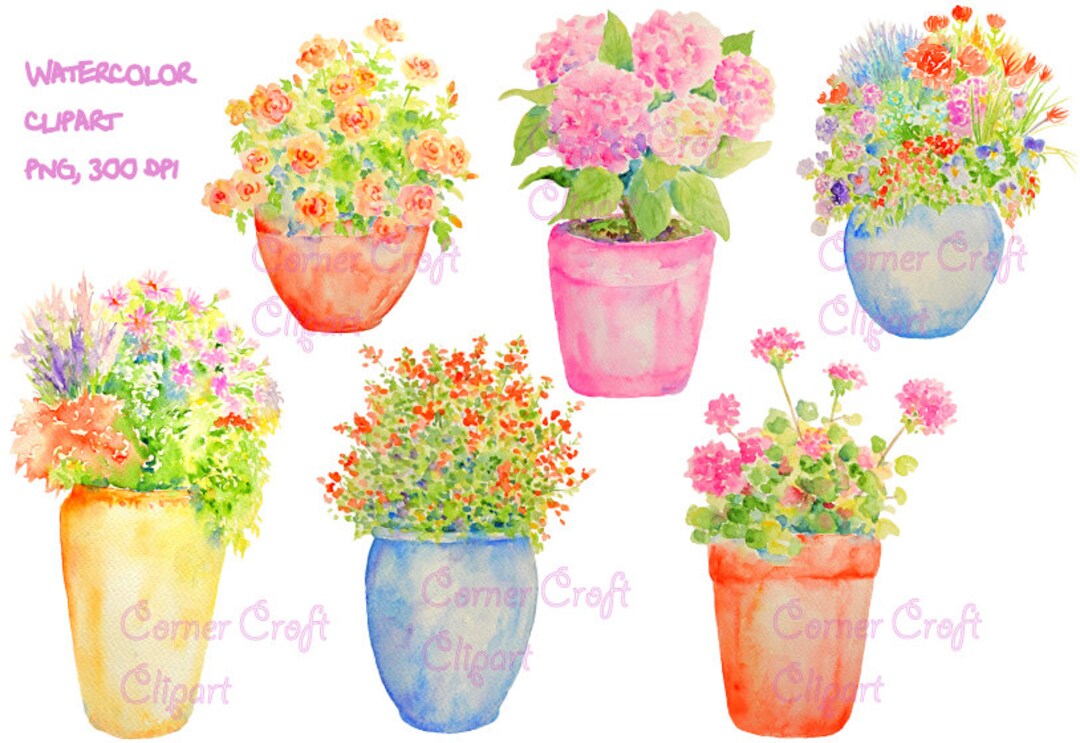 Watercolor Clipart Flower Plant Pots Printable Instant Download - Etsy