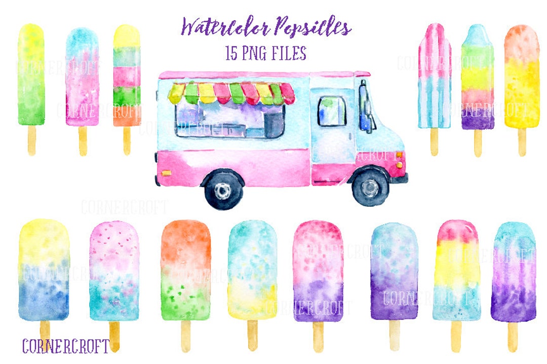Watercolor Clipart Popsicles, Ice Lollies, Ice Creams and Popsicle Van ...