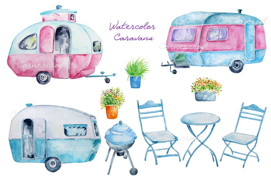 Watercolour Blue Caravan Pink Caravan Barbeque Printable - Etsy Canada
