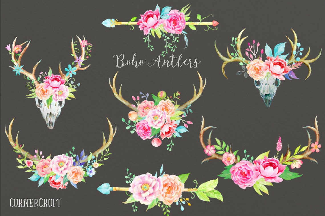 Wedding Clip Art Boho Antlers Watercolor Antler Deer Skull - Etsy