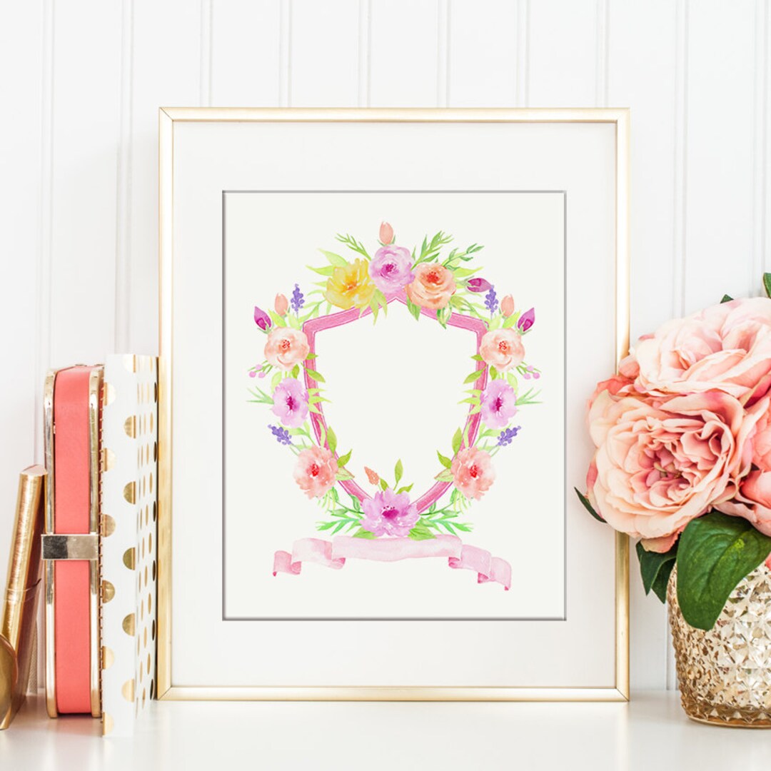 Watercolor Pink Floral Crest for Instant Download, Wedding Crest ...