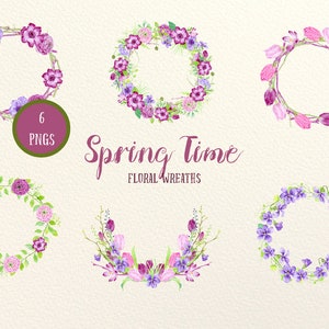 Watercolor Wreaths Spring Time, Pink and Purple Spring Flower Wreaths ...