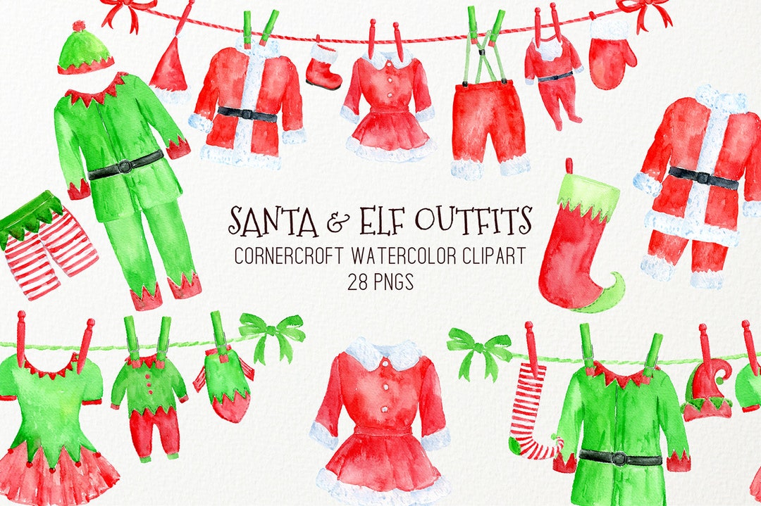 Christmas Clipart Santa Claus and Elf Outfit on Washing Line - Etsy