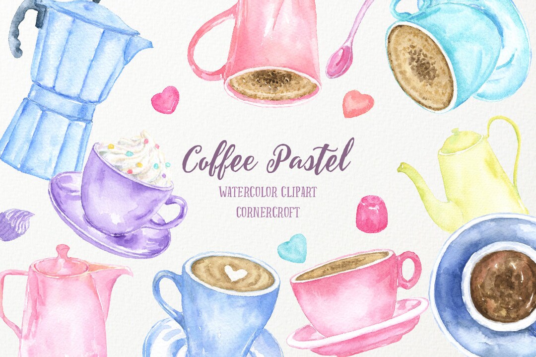 Coffee Pastel,waterolor Clipart, Cup of Coffee, Coffee Pot, Pink Coffee ...