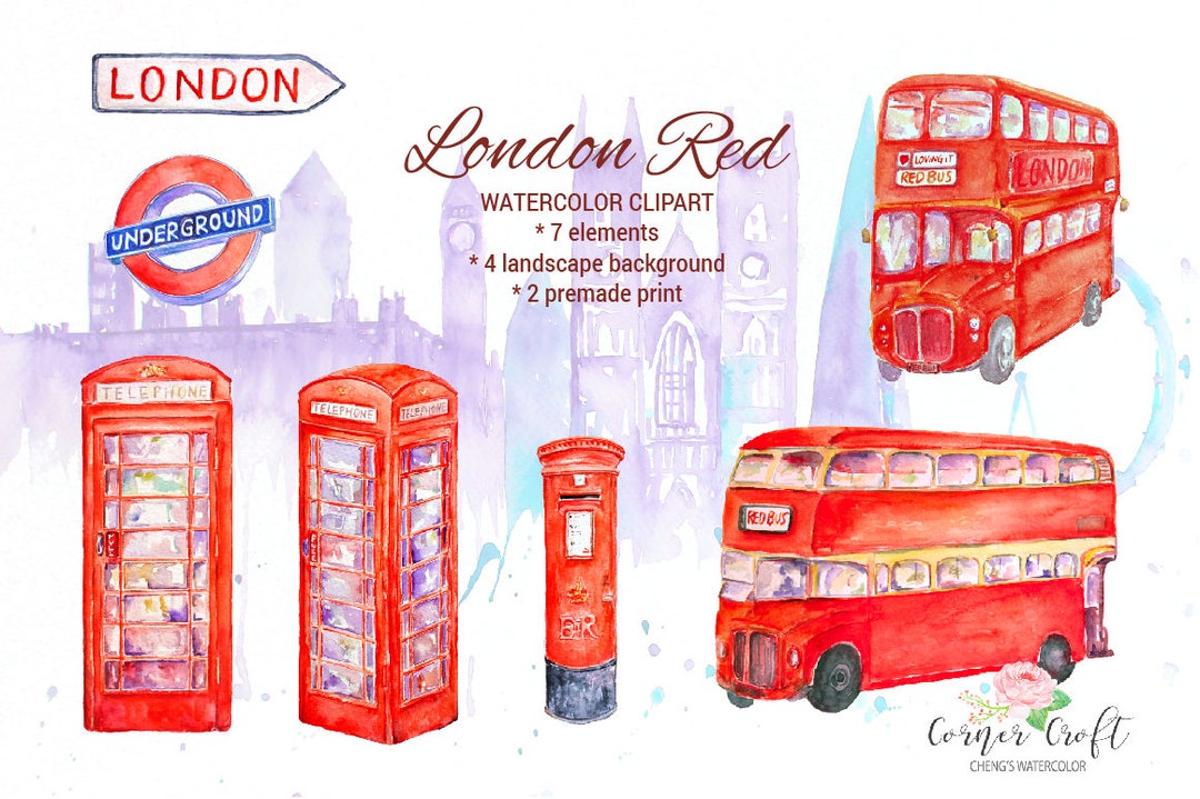 London Red, Watercolor London Landmarks, Big Ben, Westminster Abbey ...