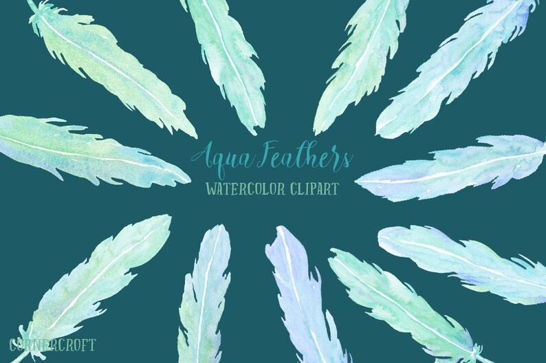 Watercolor Aqua Feather Clip Art Blue Feathers Green - Etsy