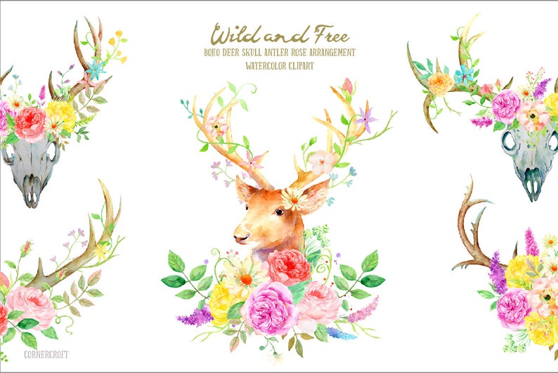 Watercolor Clipart Wild and Free Watercolor Antler and Deer - Etsy UK