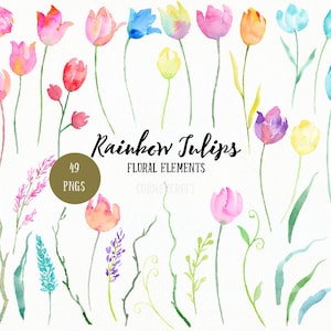 Tulip Clip Art Rainbow Tulips, Watercolor Pastel Color Tulips, Spring ...
