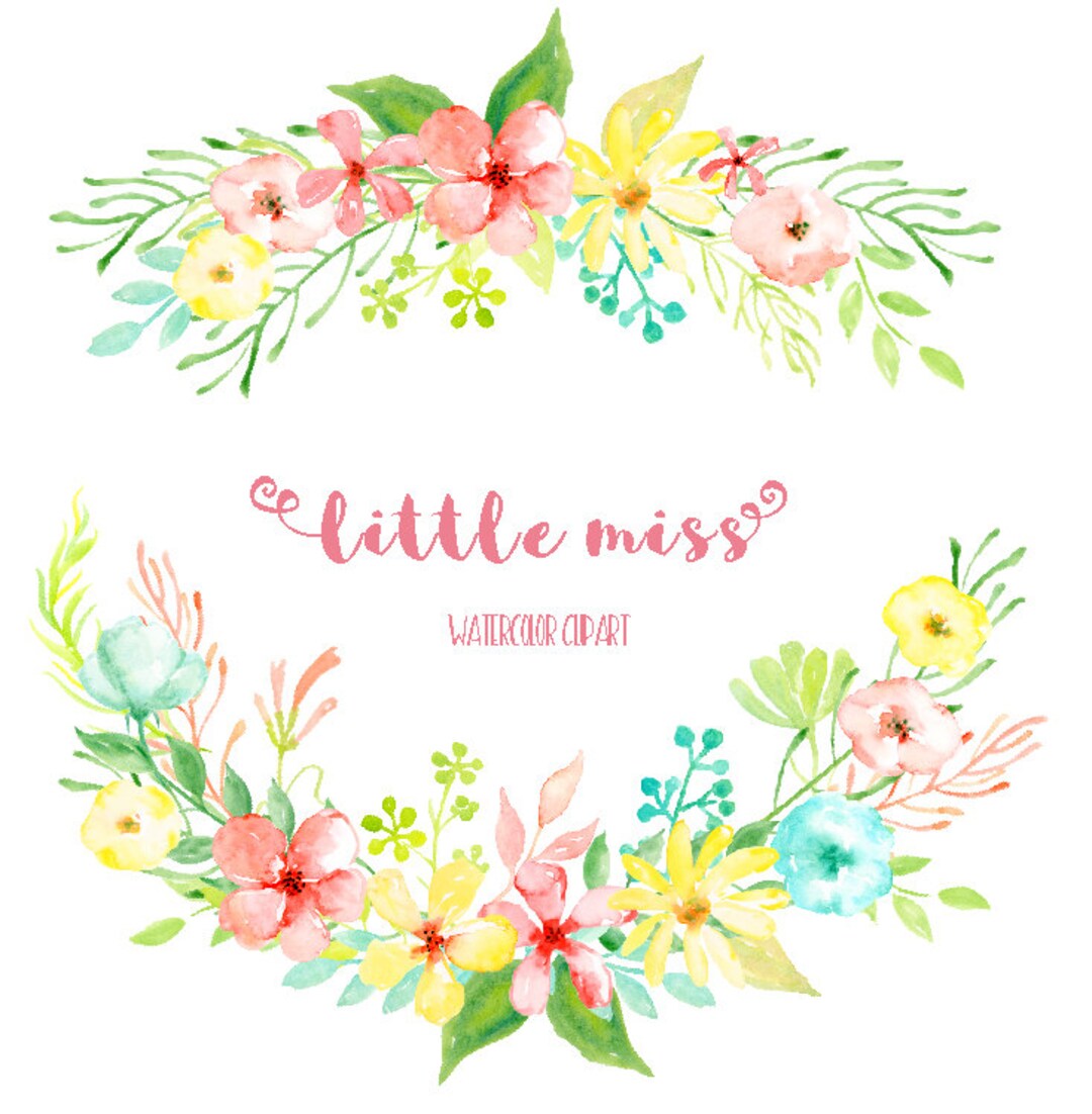 Watercolor Clipart Little Miss - Cheerful Pink and Yellow Flowers and ...