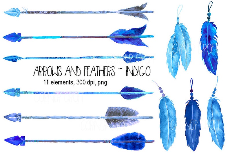 Watercolor Indigo Arrows and Feathers for Instant Download | Etsy