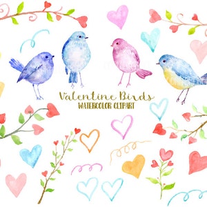 Watercolor Clipart Valentine Birds, Tree Branch With Red Hearts, Blue ...