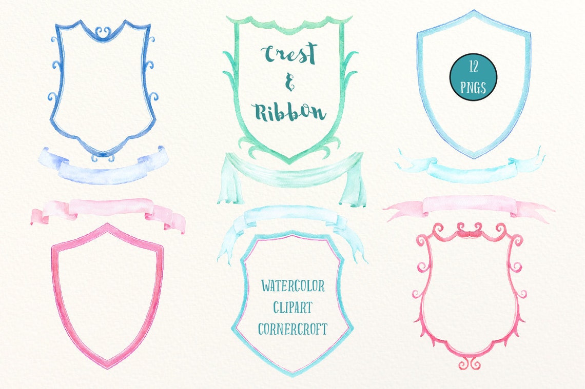 Hand Painted Watercolor Crest Frames and Ribbons for Instant | Etsy
