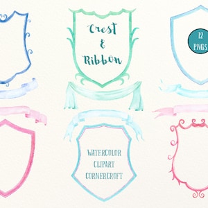 Hand Painted Watercolor Crest Frames and Ribbons for Instant Download ...