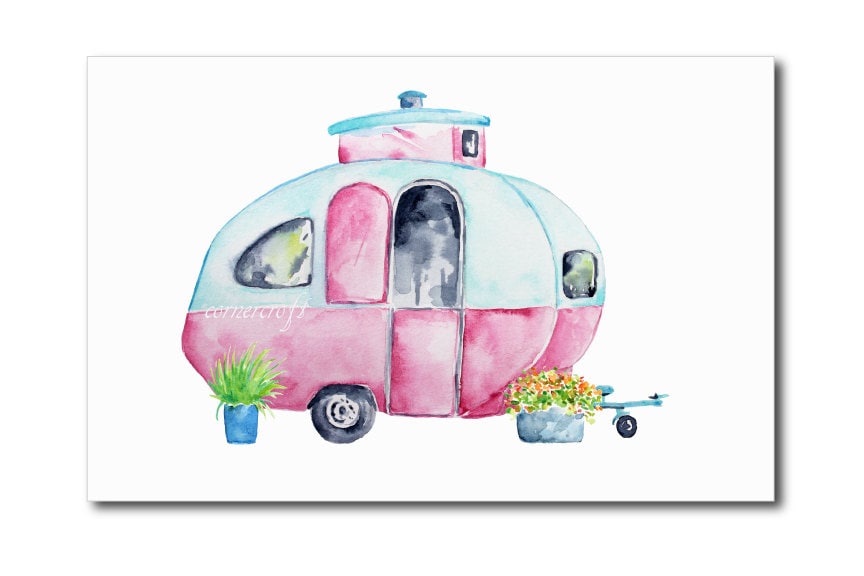 Watercolour Blue Caravan Pink Caravan Barbeque Printable - Etsy Canada