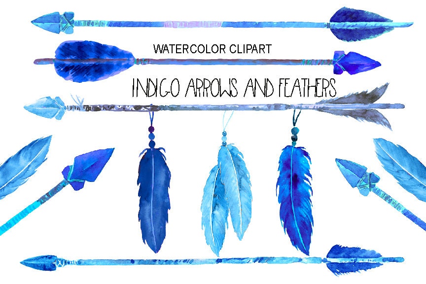 Watercolor indigo arrows and feathers for instant download | Etsy