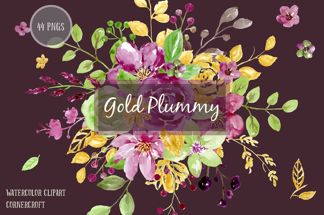 Watercolor Clipart Gold Plummy - Plummy Flowers, Purple Flowers, Gold ...