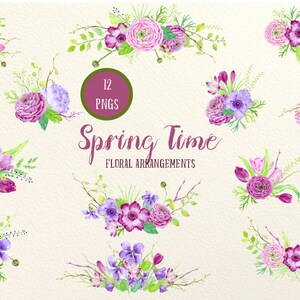 Watercolor Collection Spring Time - Pink and Purple Ranunculus, Tulips ...