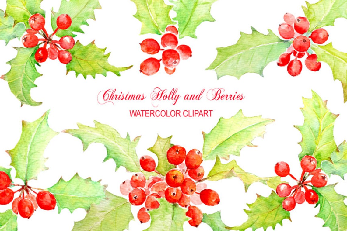 Watercolour Christmas Holly and Berry Instant Download - Etsy