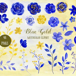 Blue Gold Clipart - Watercolor Clipart Blue and Gold Roses, Floral ...