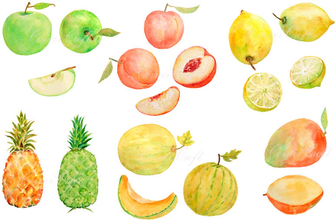 Watercolor Fruits - Green Apples, Lemons, Peaches, Pineapple, Mango ...