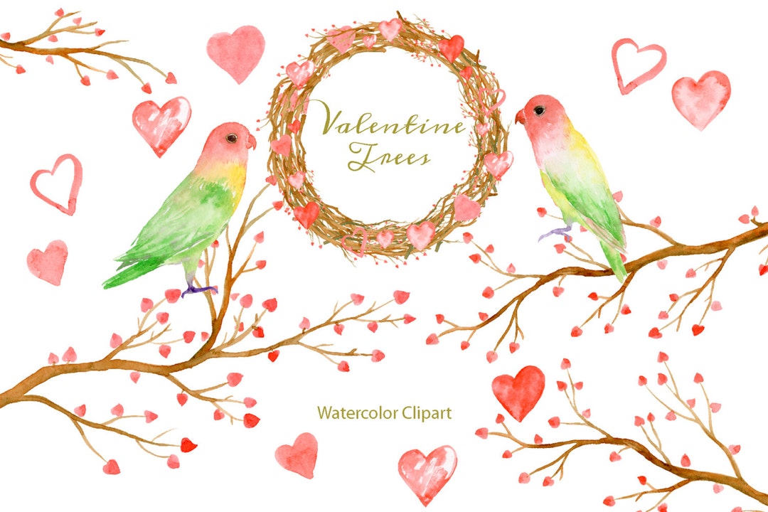 Watercolor Valentine Clipart, Tree Branch With Red Hearts, Love Birds ...