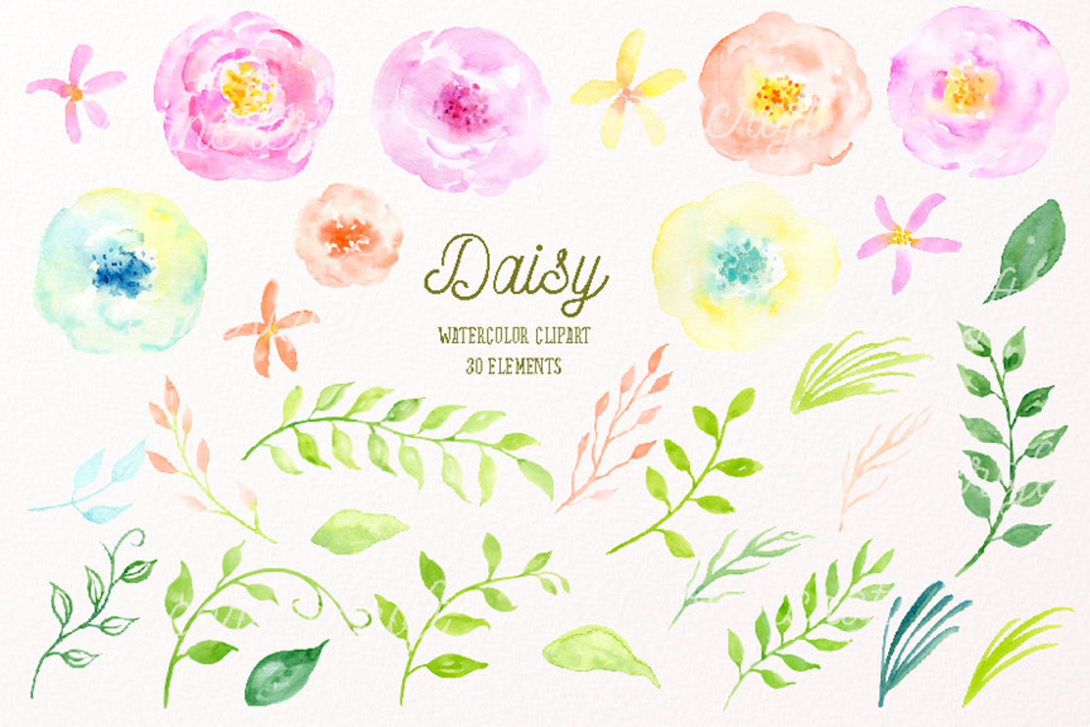 Watercolor Clipart Daisy pastel color flowers and decorative | Etsy