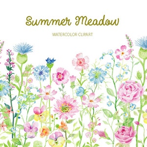 Watercolor Clipart Summer Meadow for Instant Download, Pink Flower ...